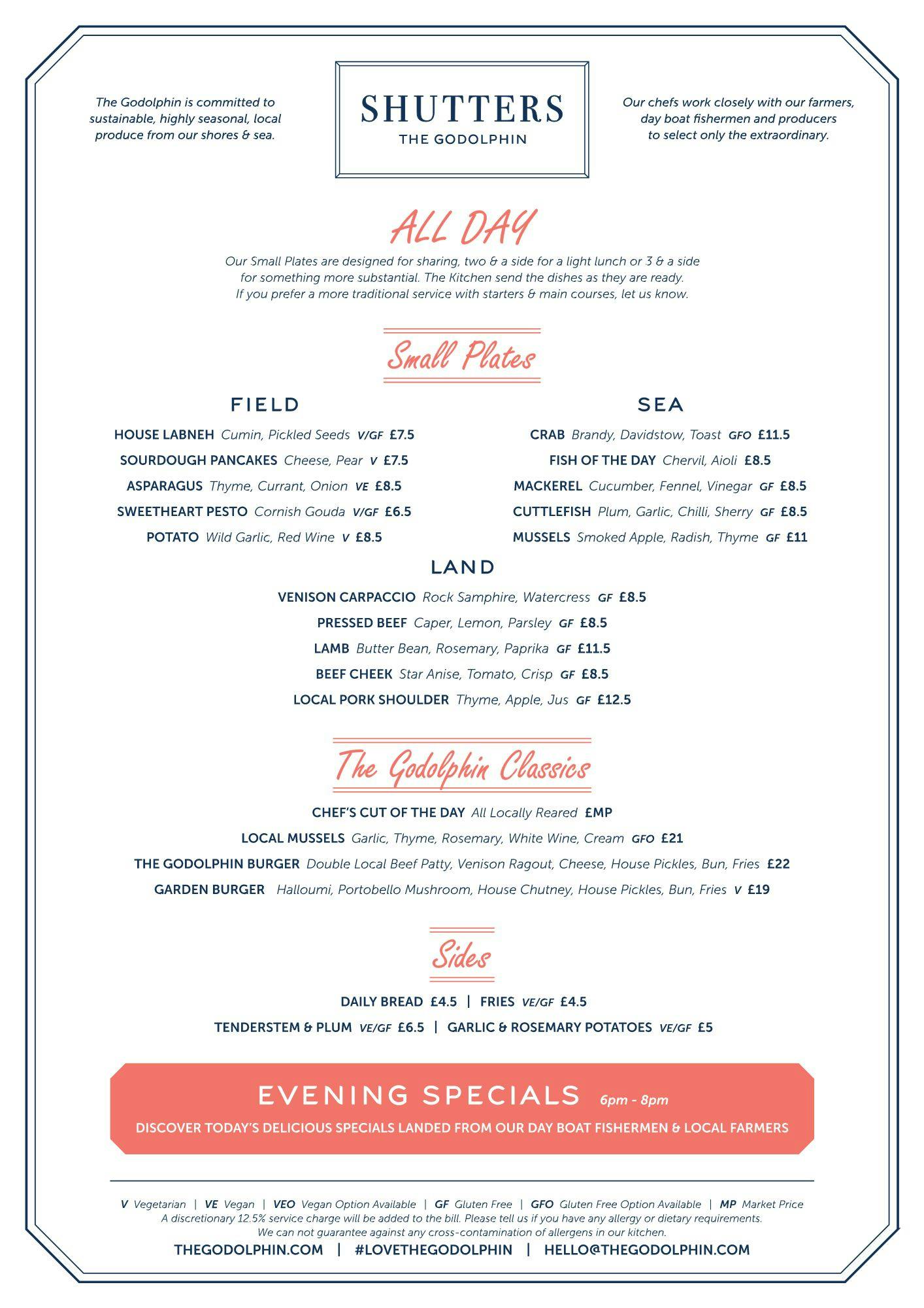 Shutters Menu | Restaurant in Marazion | The Godolphin